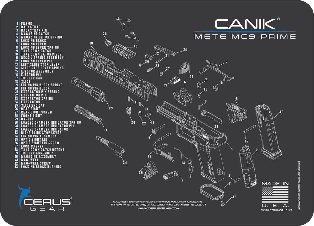 Canik® METE MC9 Prime Parts Schematic Handgun Cleaning Mat